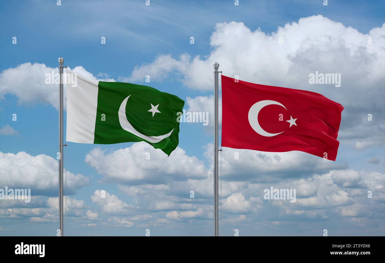 Republic of Turkey and Pakistan flags waving together in the wind on ...