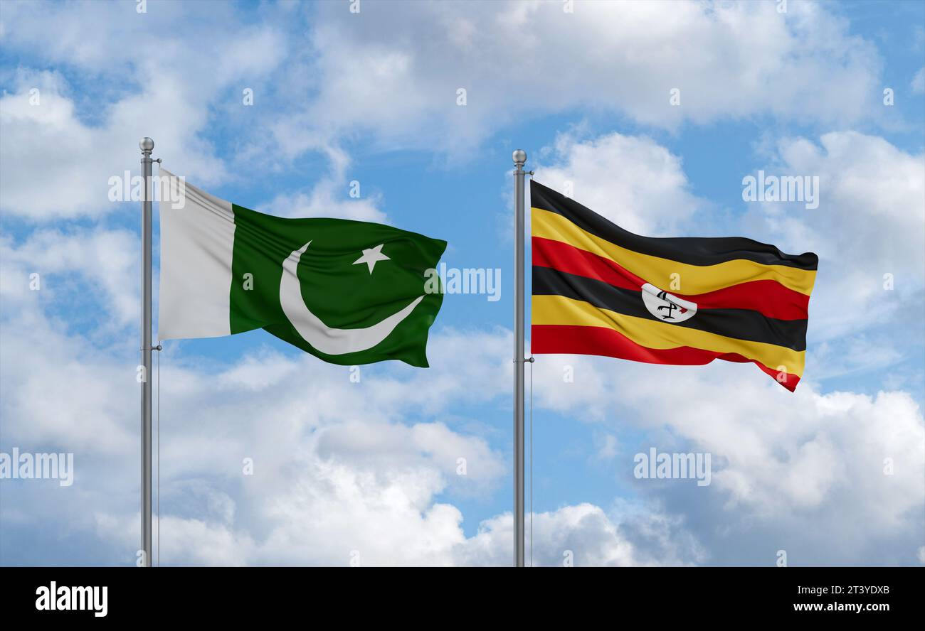 Republic of Uganda and Pakistan flags waving together in the wind on ...