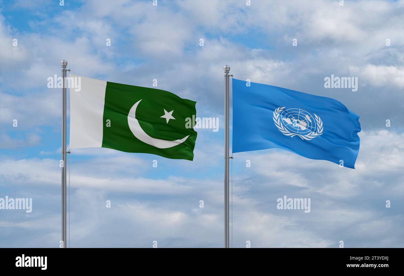 United Nations and Pakistan flags waving together in the wind on blue ...