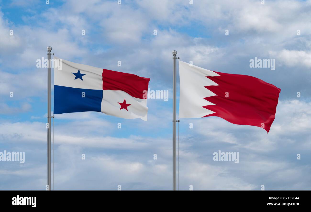 Bahrain and Panama flags waving together on blue cloudy sky, two country relationship concept ...