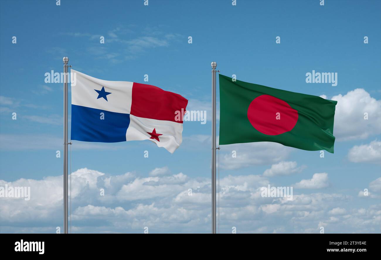 Bangladesh and Panama flags waving together on blue cloudy sky, two country relationship concept ...