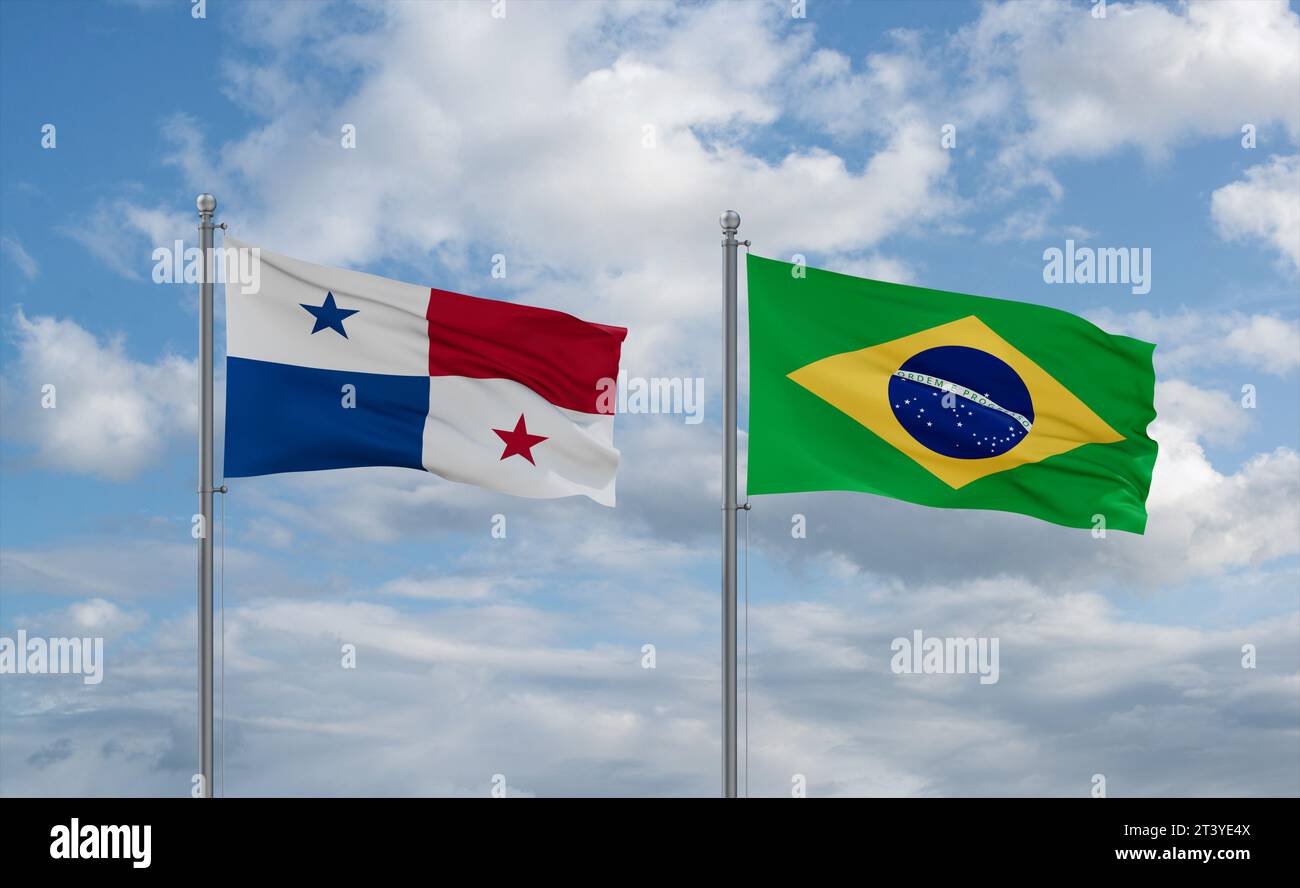 Brazil and Panama flags waving together on blue cloudy sky, two country ...
