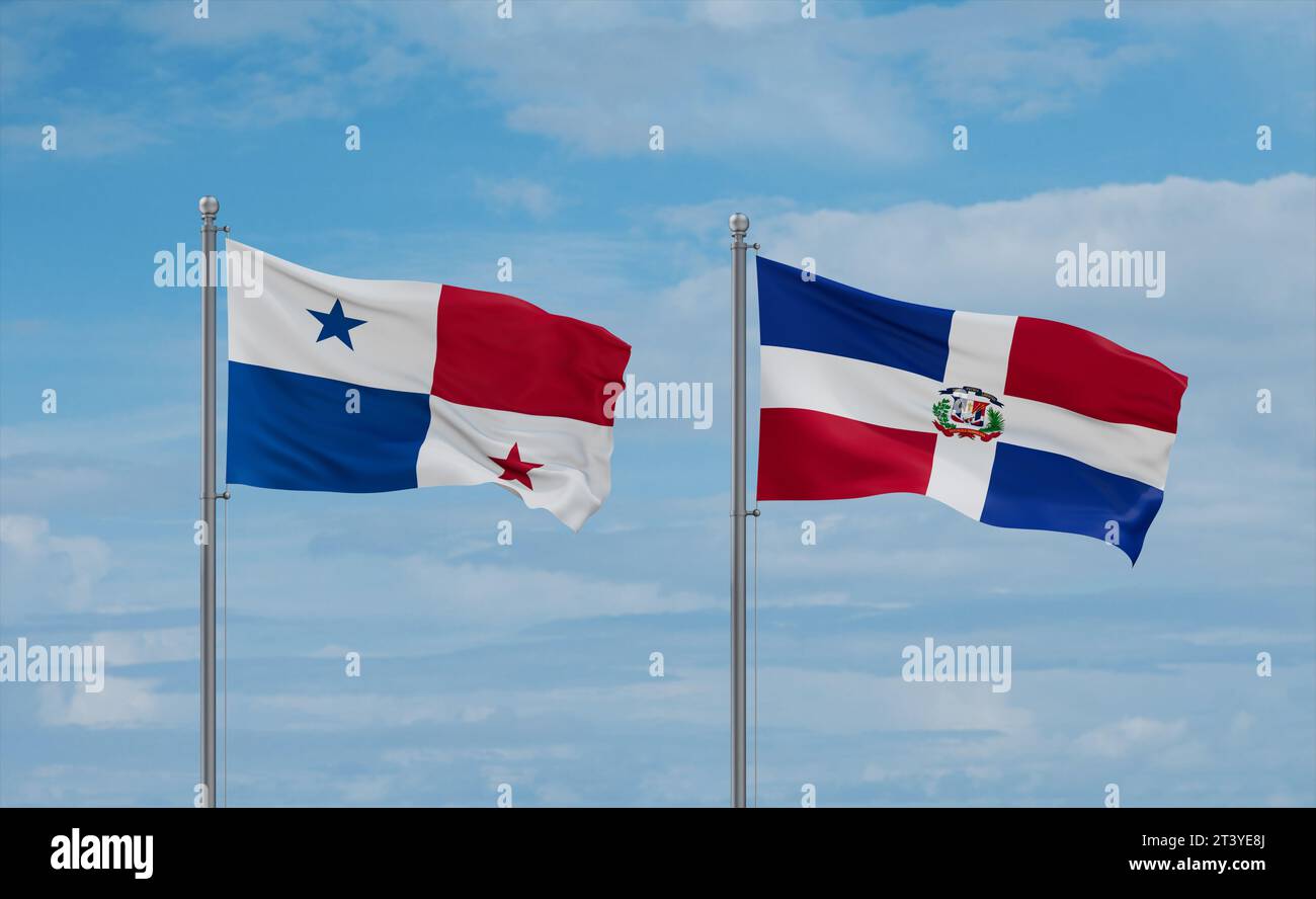 Dominican Republic and Panama flags waving together on blue cloudy sky ...