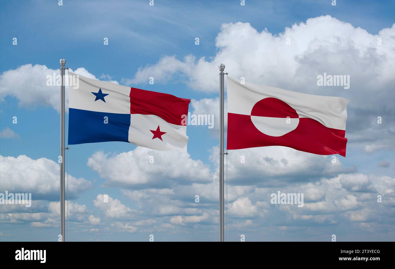 Greenland and Panama flags waving together on blue cloudy sky, two country relationship concept ...