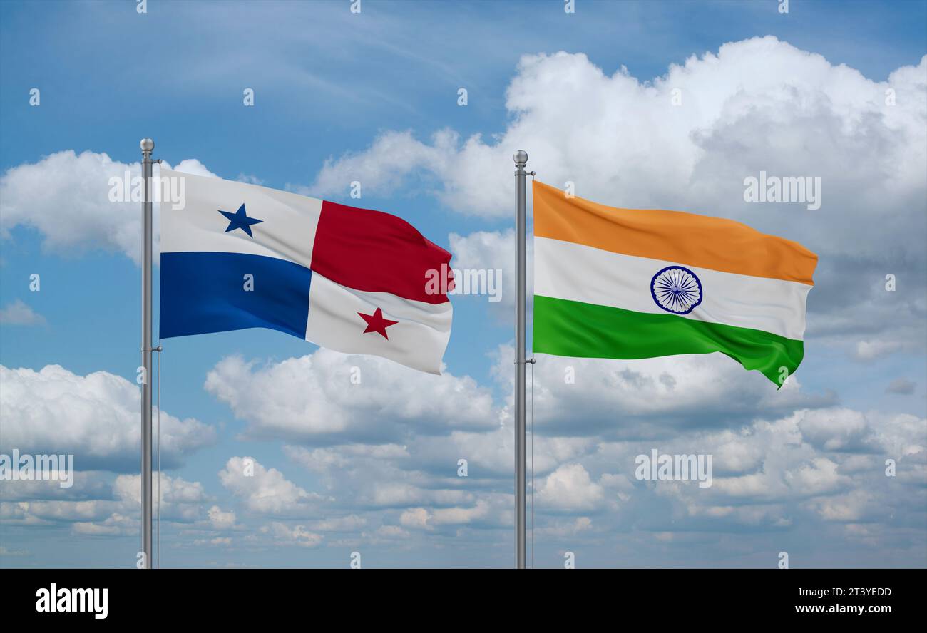 India and Panama flags waving together on blue cloudy sky, two country ...