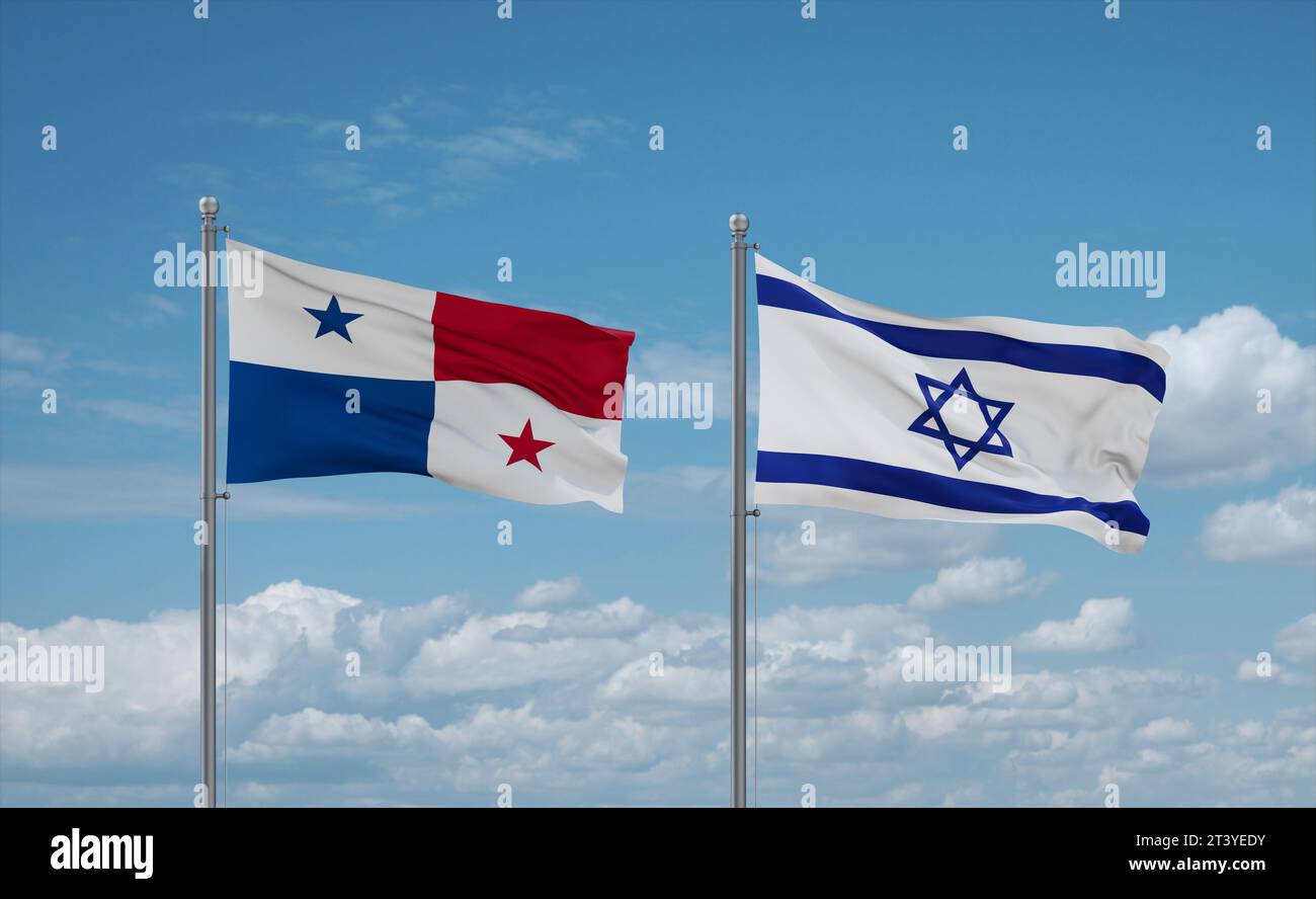 Israel and Panama flags waving together on blue cloudy sky, two country ...