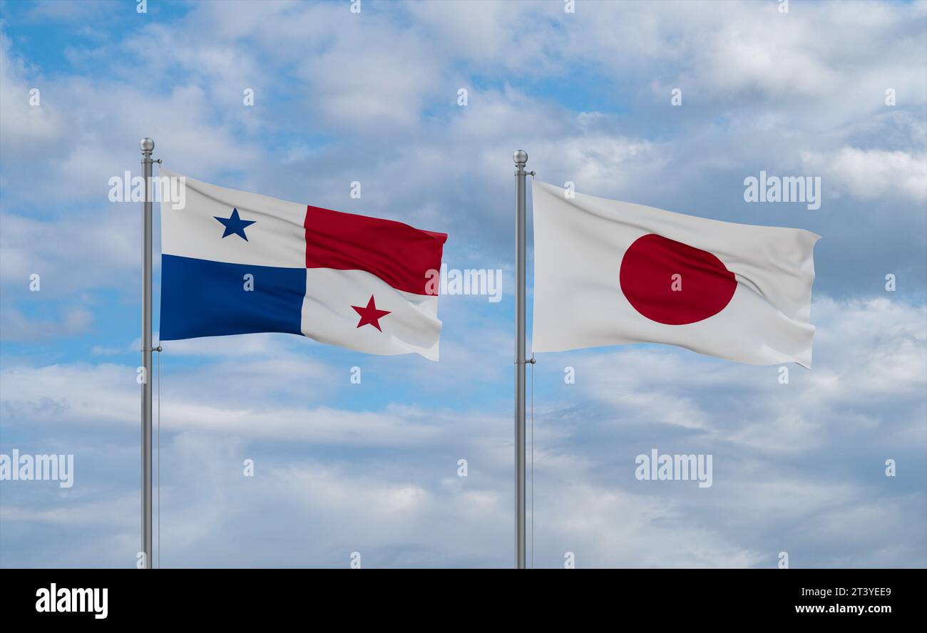 Japan and Panama flags waving together on blue cloudy sky, two country ...