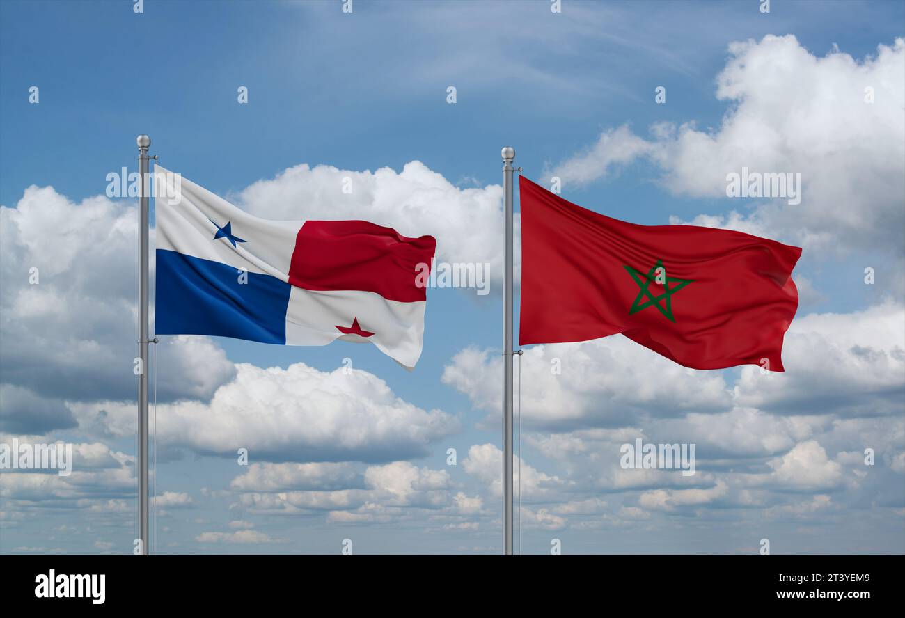 Morocco and Panama flags waving together on blue cloudy sky, two country relationship concept ...