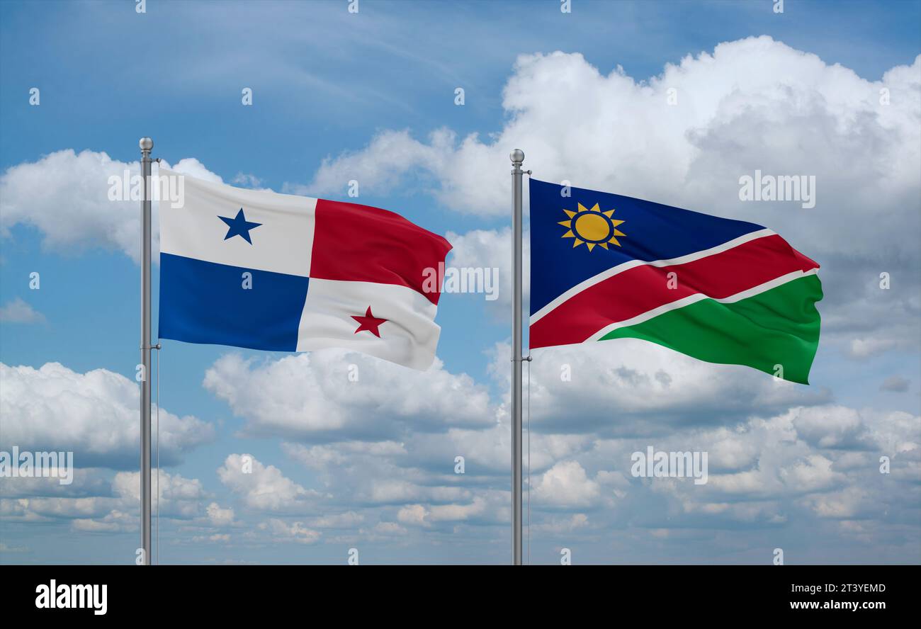 Namibia and Panama flags waving together in the wind on blue cloudy sky ...