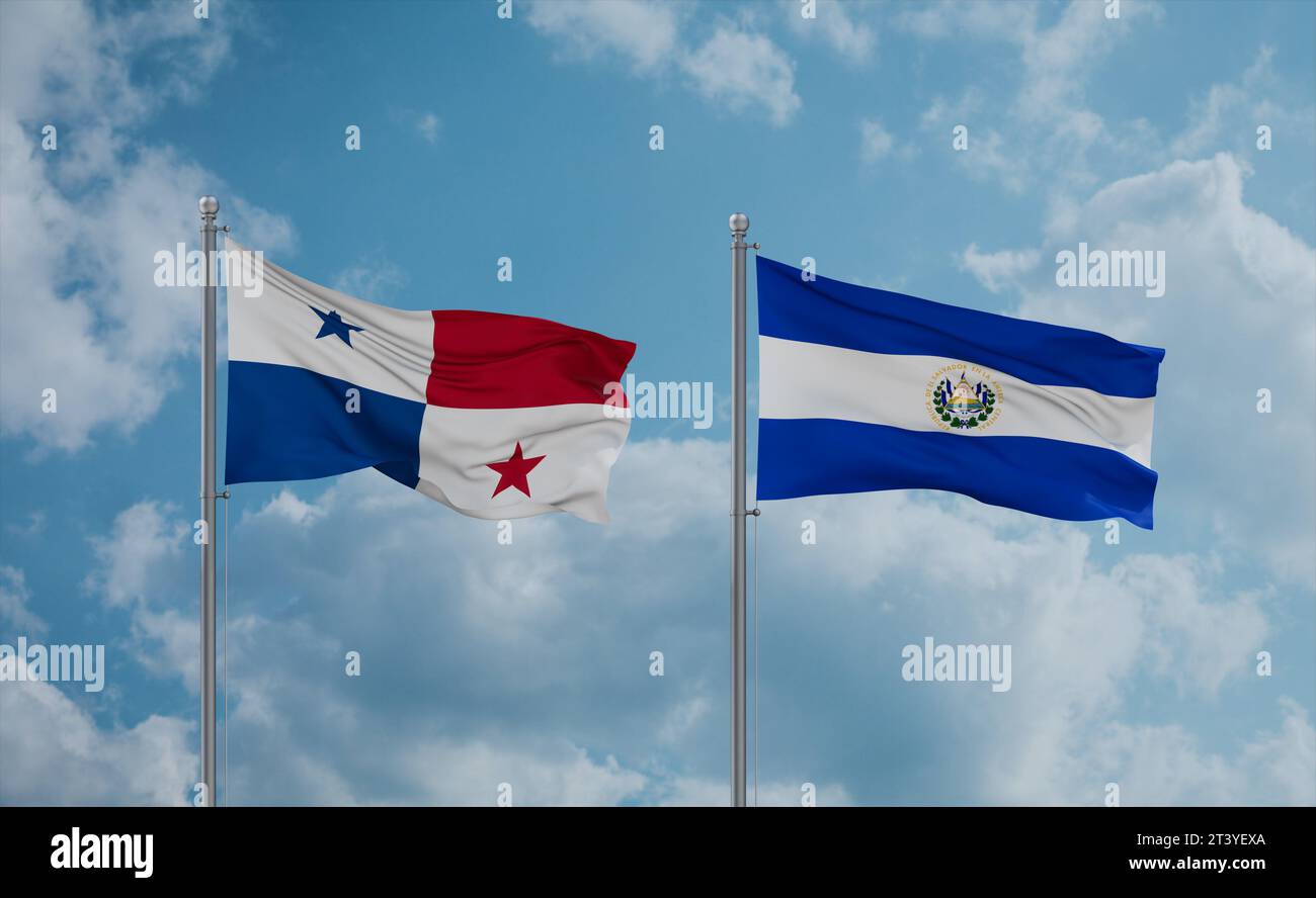 Republic of El Salvador and Panama flags waving together in the wind on ...