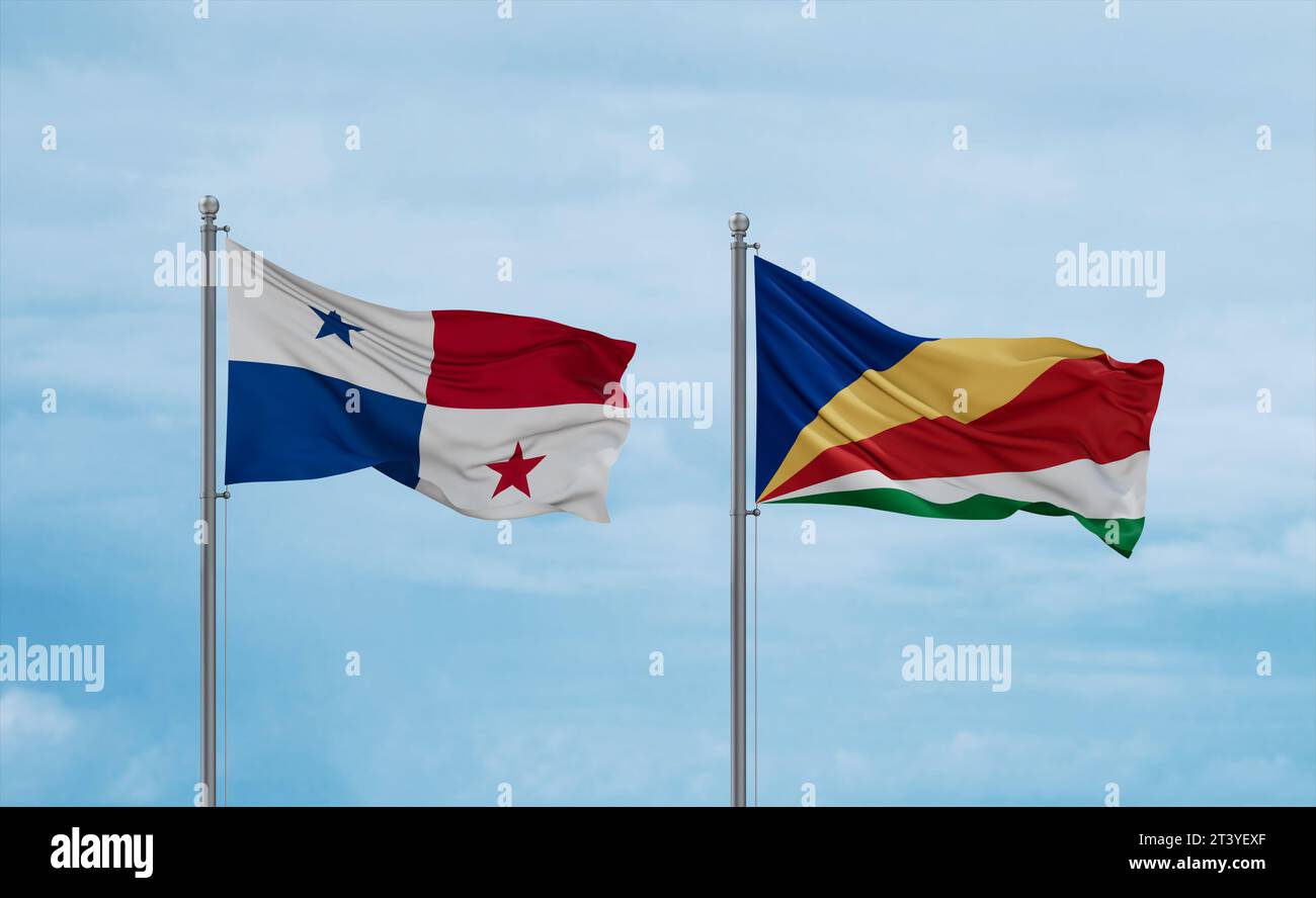 Seychelles and Panama flags waving together in the wind on blue cloudy sky, two country ...