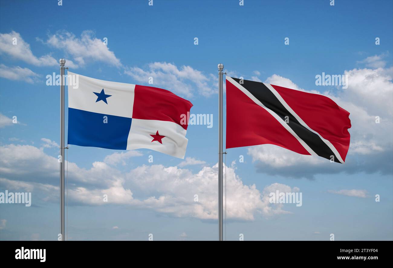 Trinidad and Tobago and Panama flags waving together in the wind on ...