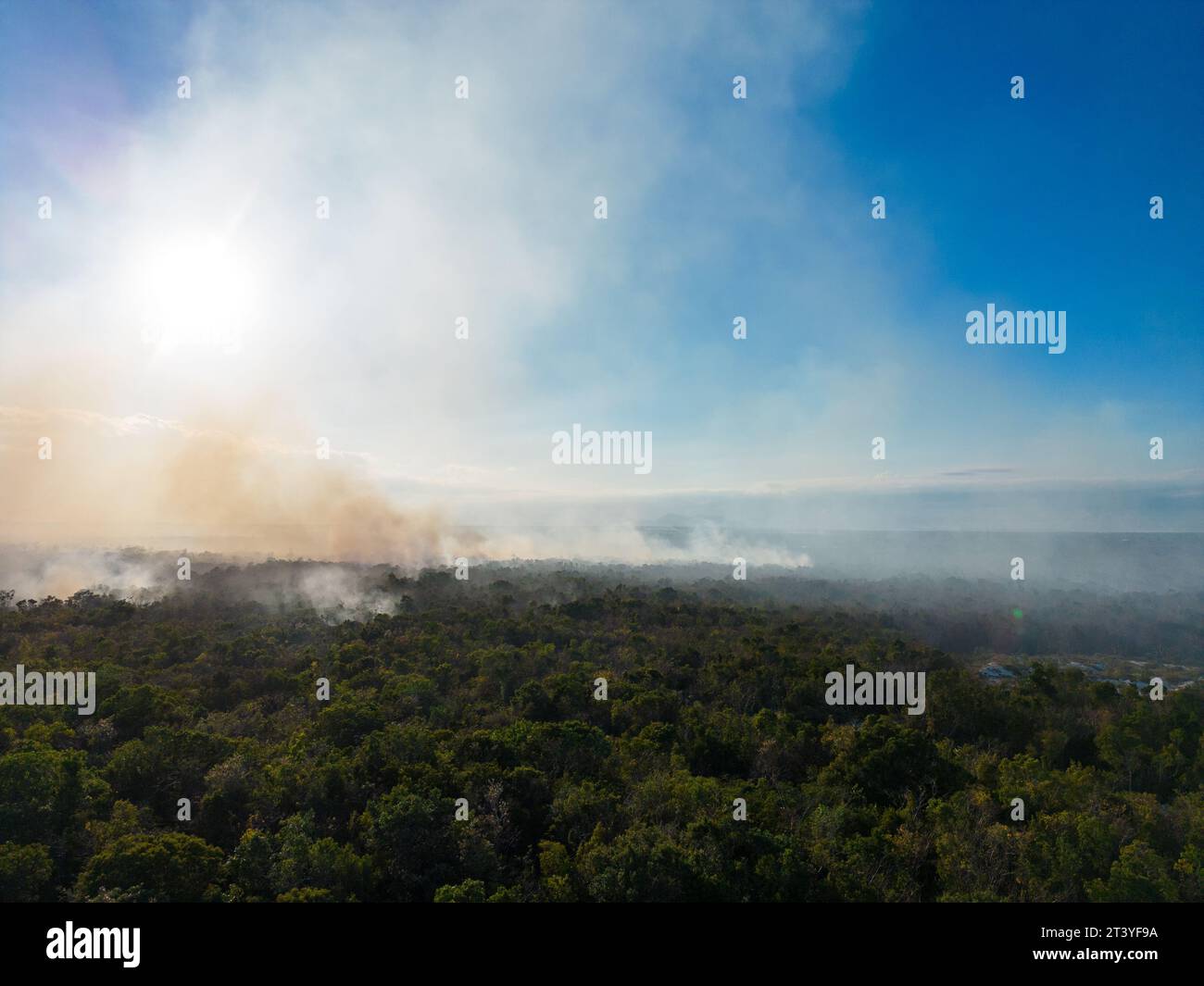 Aerial view of smoke from local fires in the green fields during ...