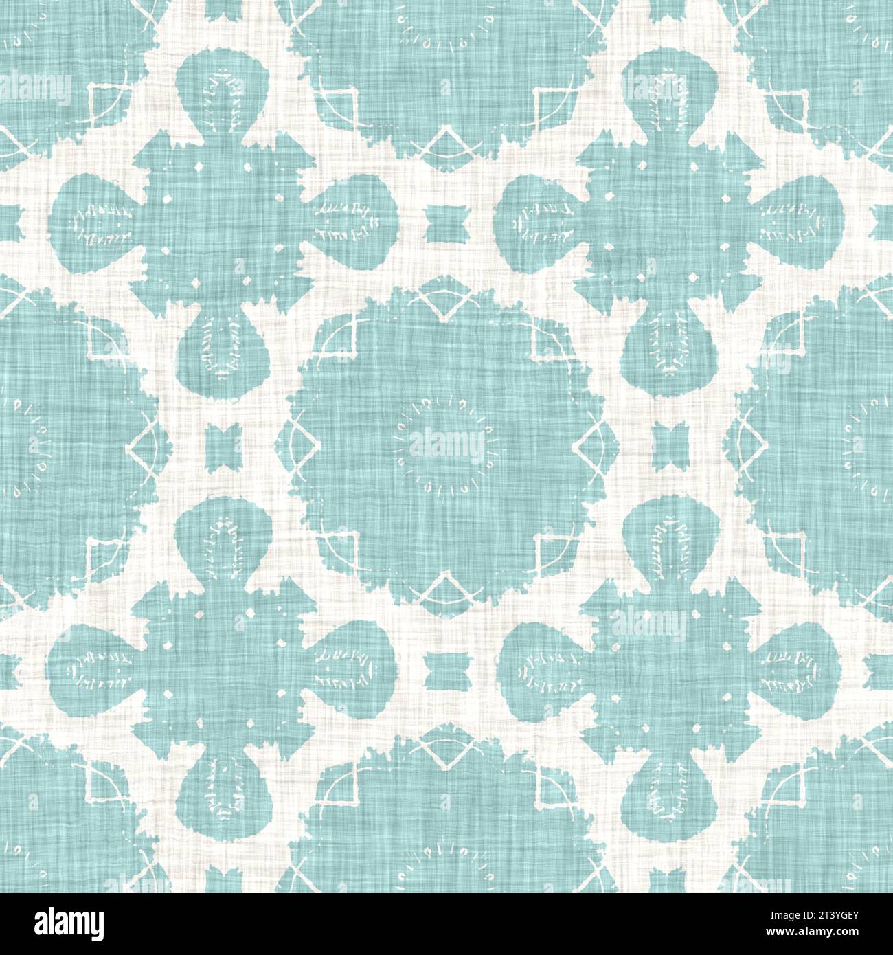 Teal aqua white vibrant watercolor batik azulejos tile background. Seamless coastal blur linen ...