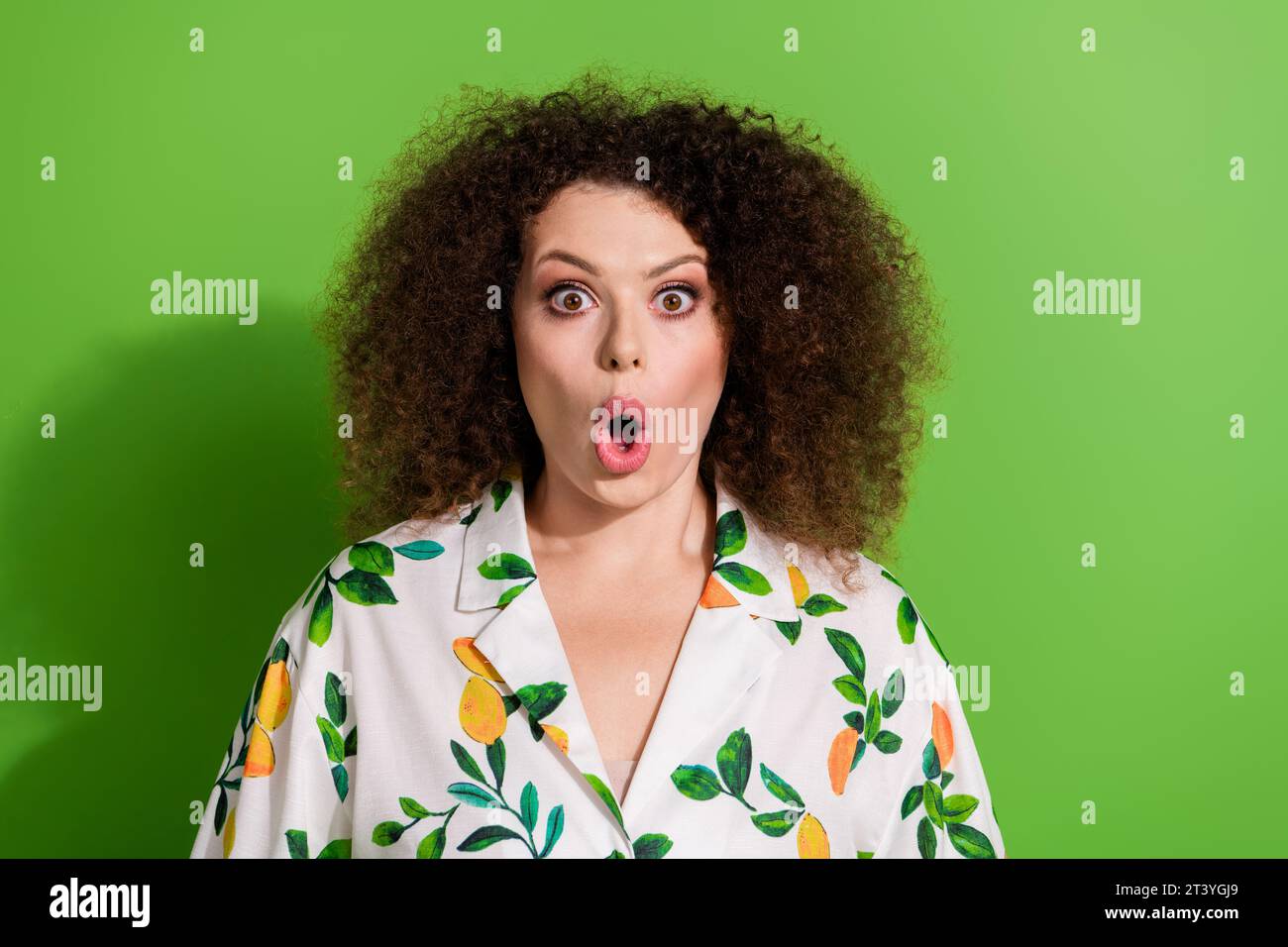 Photo of impressed pretty lady open mouth pouted lips stare cant ...