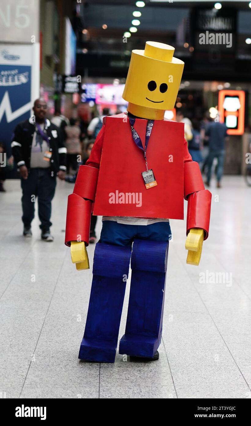 A person dressed as a Lego man during MCM Comic Con at the ExCel London ...