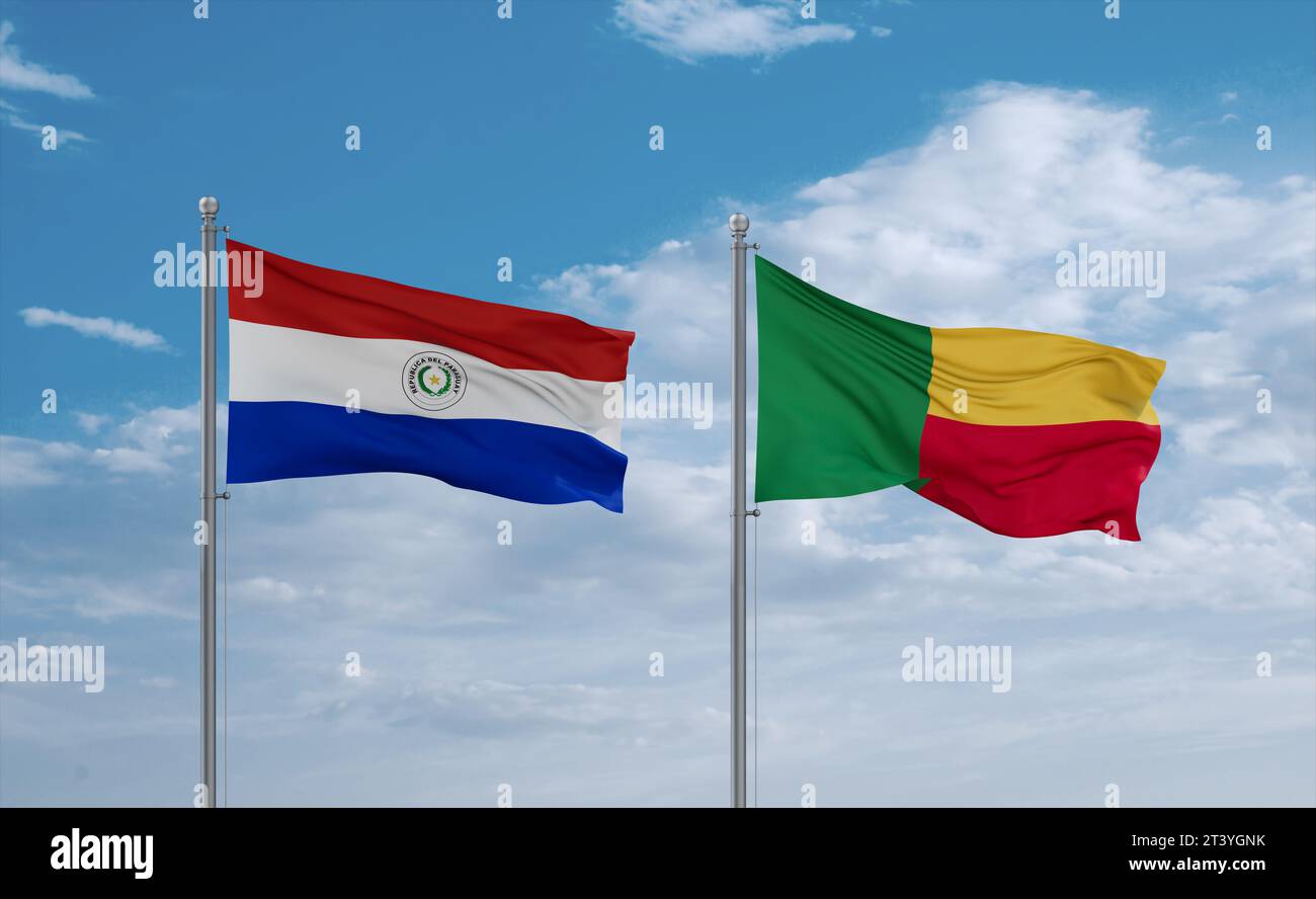 Benin and Paraguay flags waving together on blue cloudy sky, two ...
