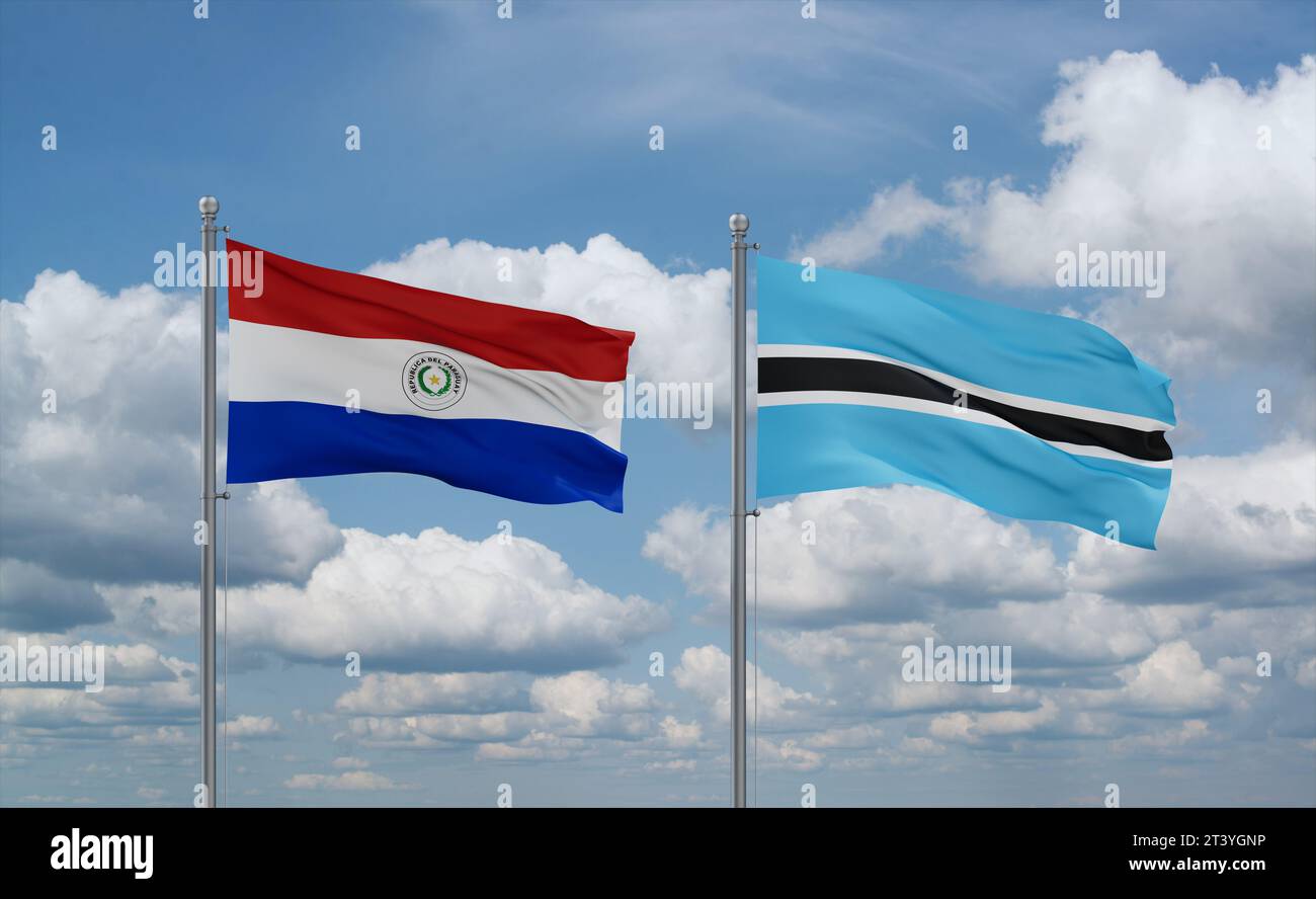 Botswana and Paraguay flags waving together on blue cloudy sky, two ...