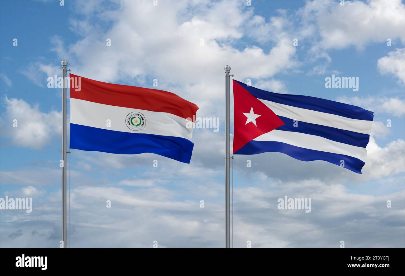 Cuba and Paraguay flags waving together in the wind on blue cloudy sky ...