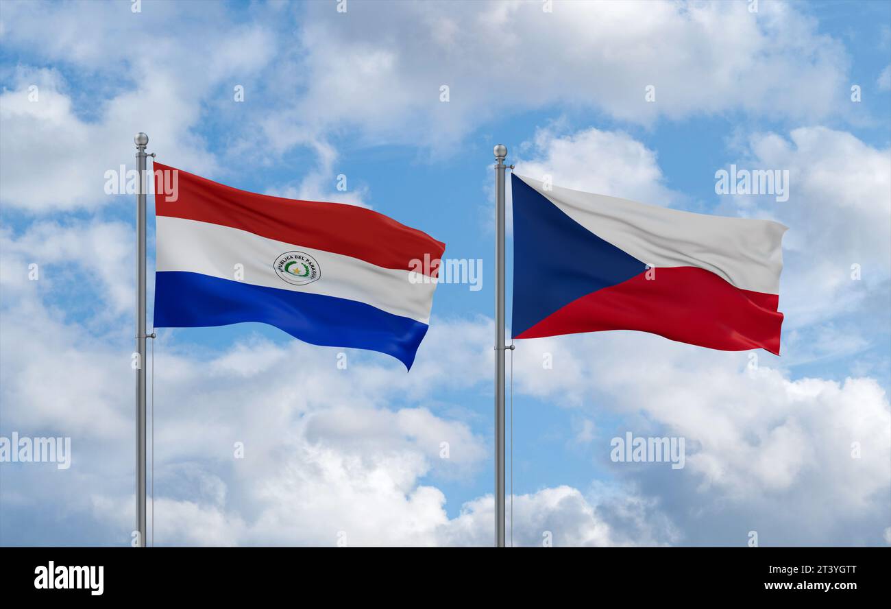 Czech Republic and Paraguay flags waving together on blue cloudy sky ...