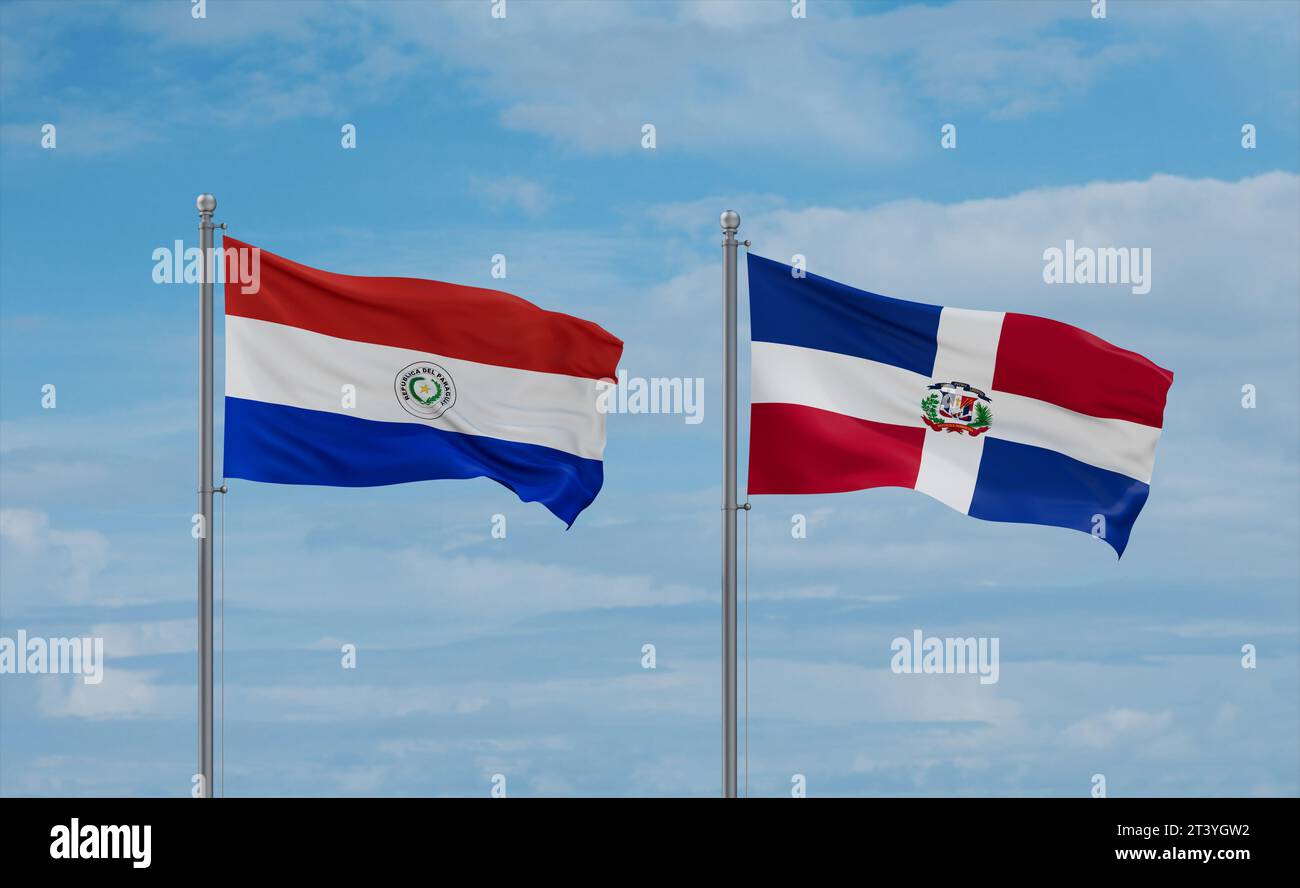 Dominican Republic and Paraguay flags waving together on blue cloudy ...