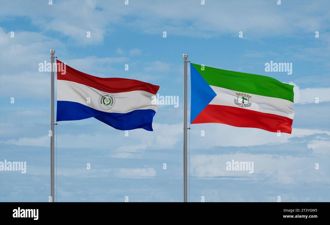 Equatorial Guinea and Paraguay flags waving together on blue cloudy sky ...