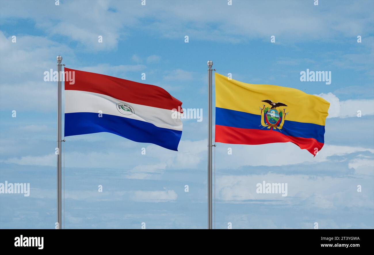 Ecuador and Paraguay flags waving together on blue cloudy sky, two ...