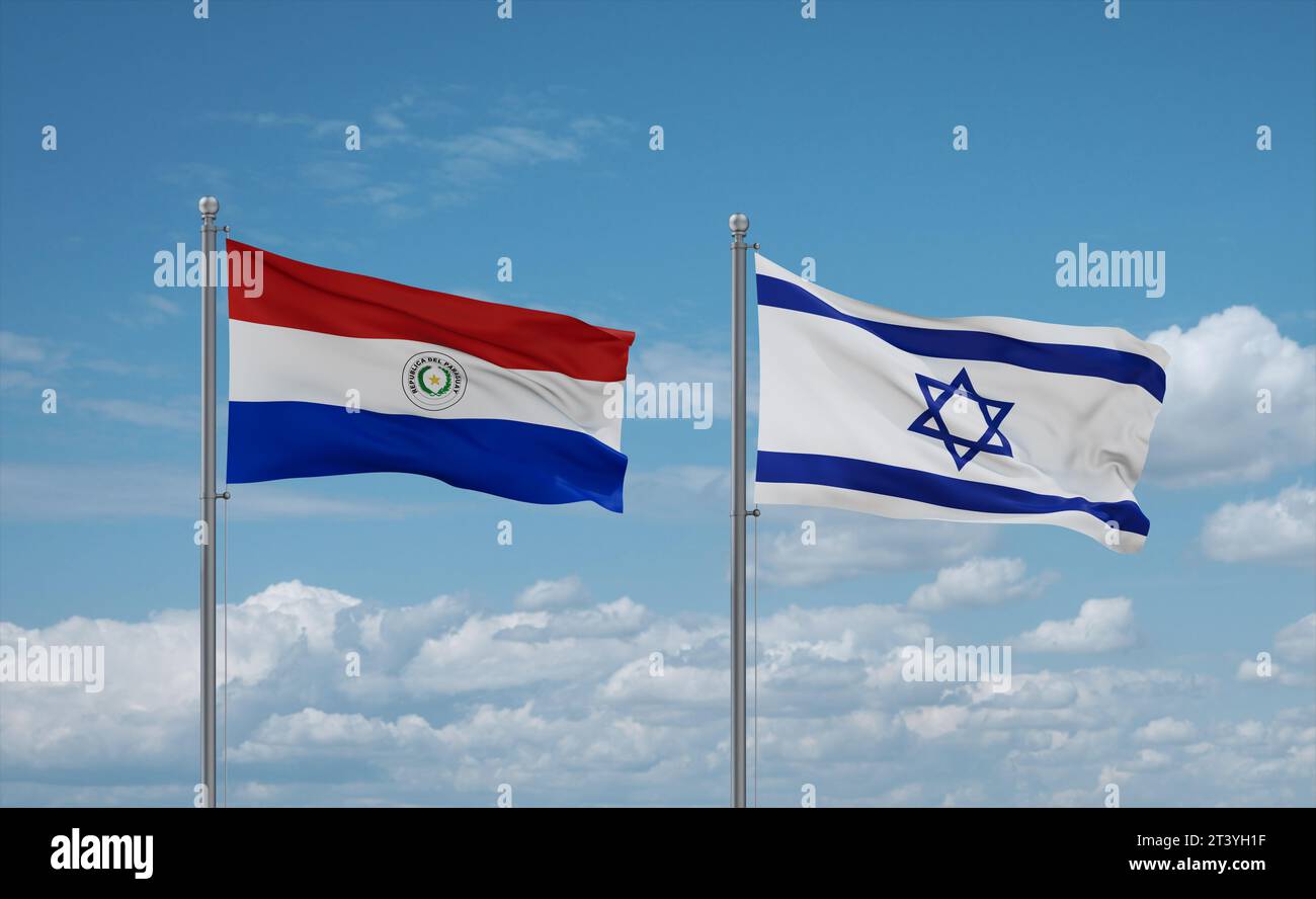 Israel and Paraguay flags waving together on blue cloudy sky, two ...
