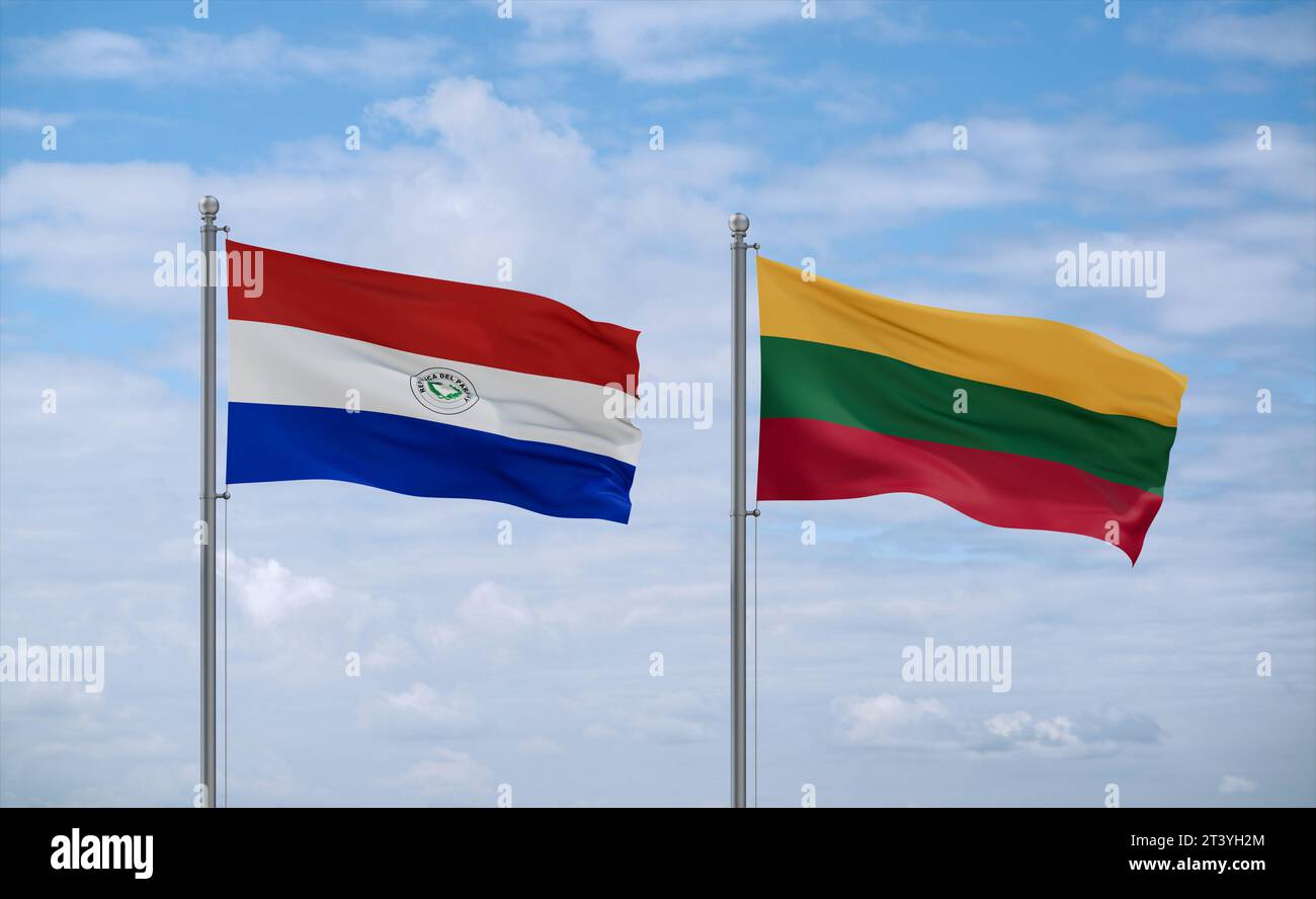 Lithuania and Paraguay flags waving together on blue cloudy sky, two ...