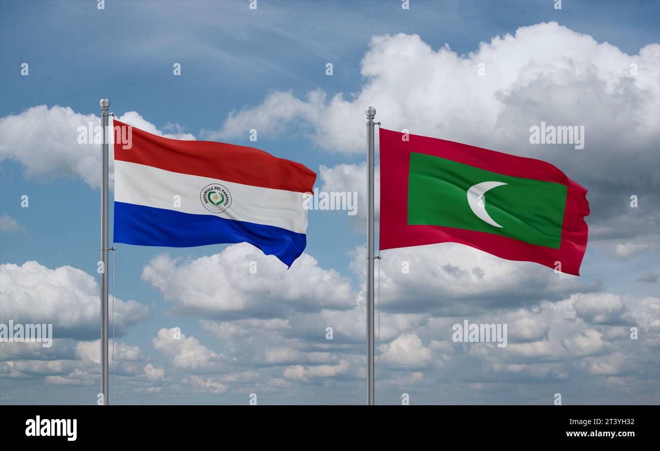 Maldives and Paraguay flags waving together on blue cloudy sky, two country relationship concept ...