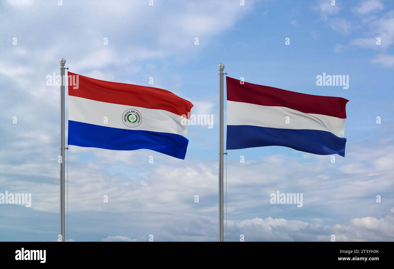 Netherlands and Paraguay flags waving together on blue cloudy sky, two ...
