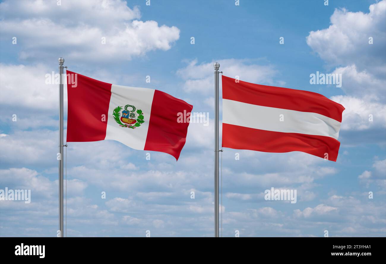 Austria and Peru flags waving together on blue cloudy sky, two country ...
