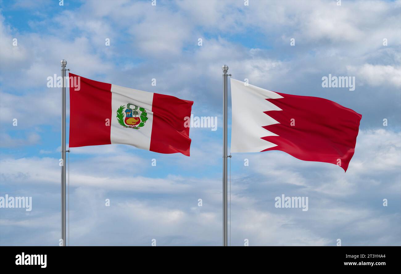 Bahrain and Peru flags waving together on blue cloudy sky, two country relationship concept ...