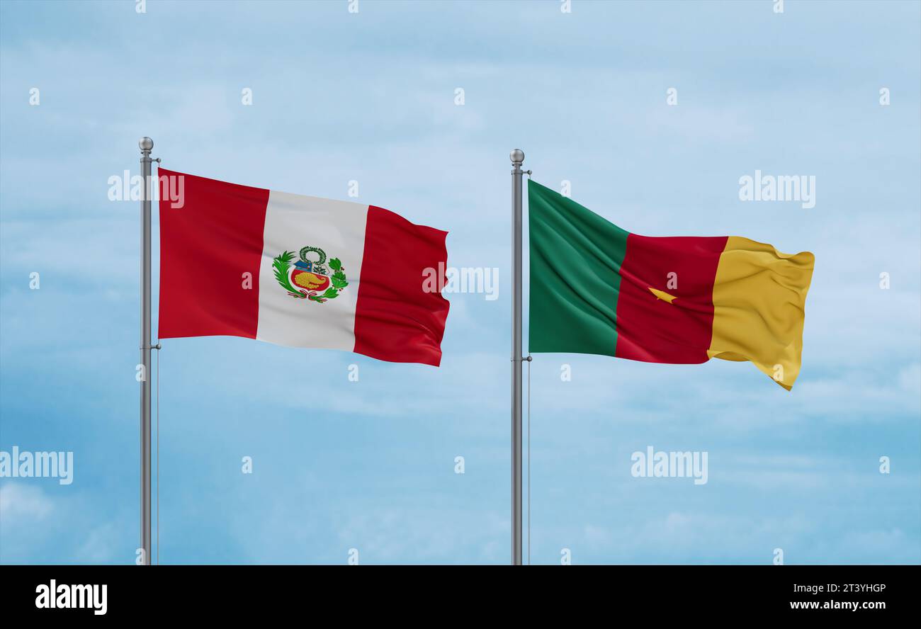 Cameroon and Peru flags waving together on blue cloudy sky, two country ...