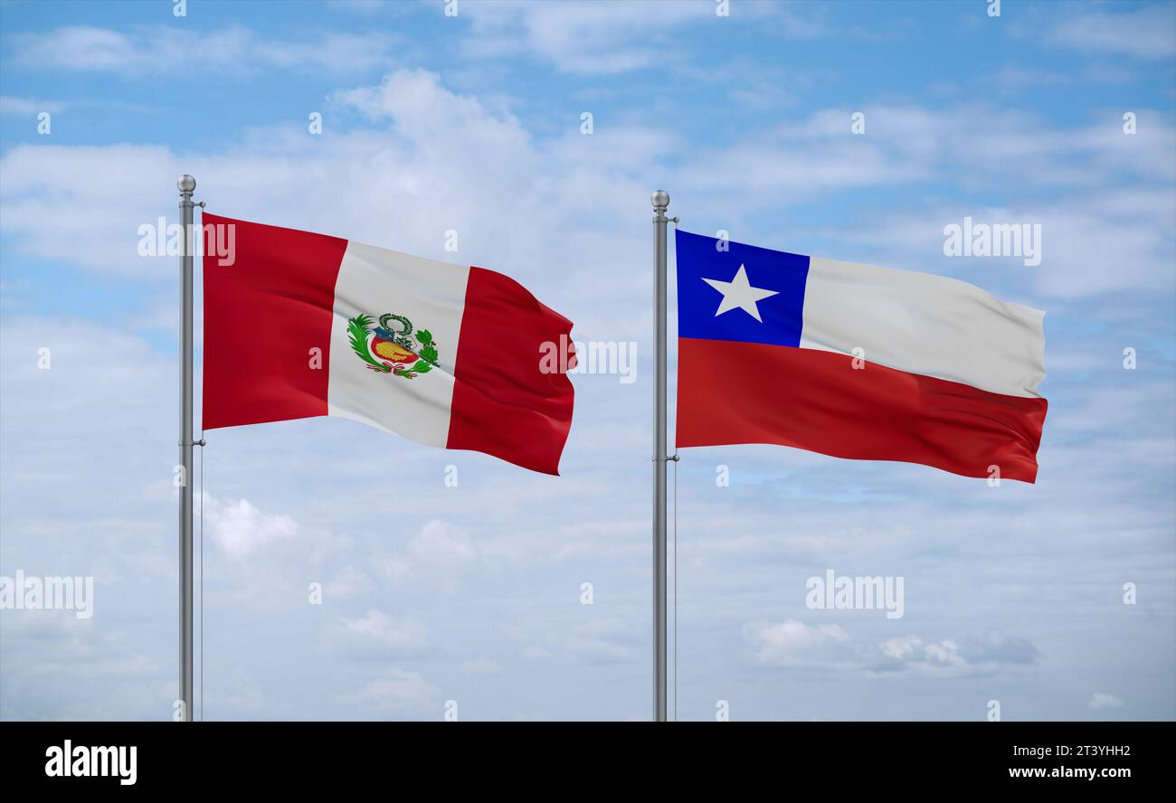 Chile and Peru flags waving together on blue cloudy sky, two country ...