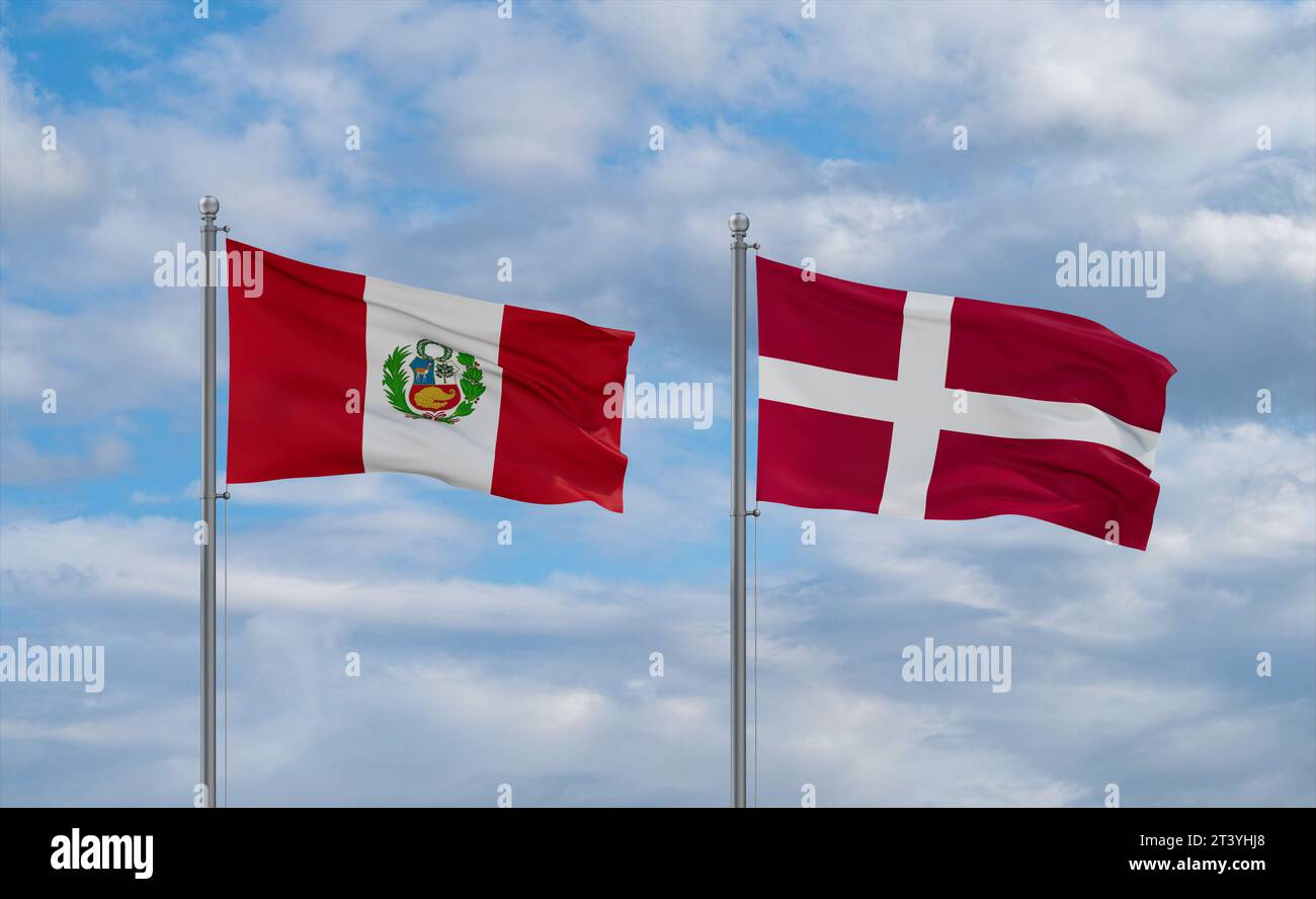 Denmark and Peru flags waving together on blue cloudy sky, two country ...