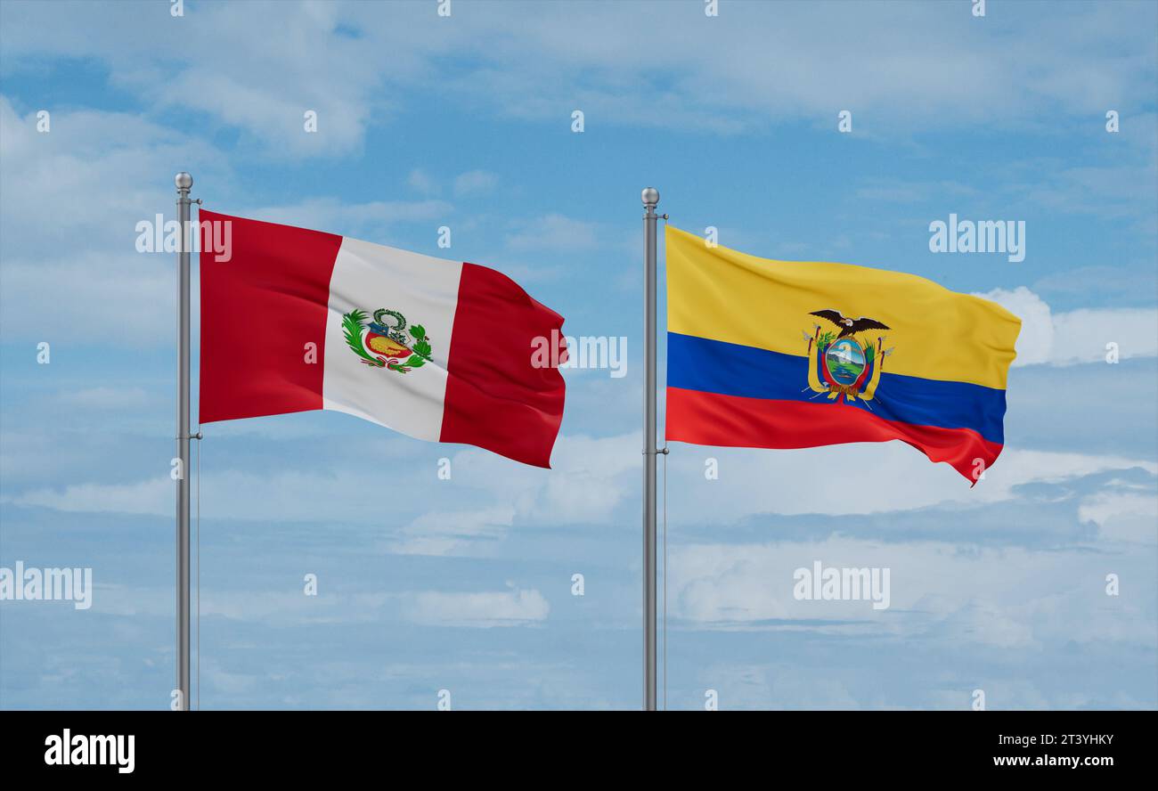 Ecuador and Peru flags waving together on blue cloudy sky, two country ...