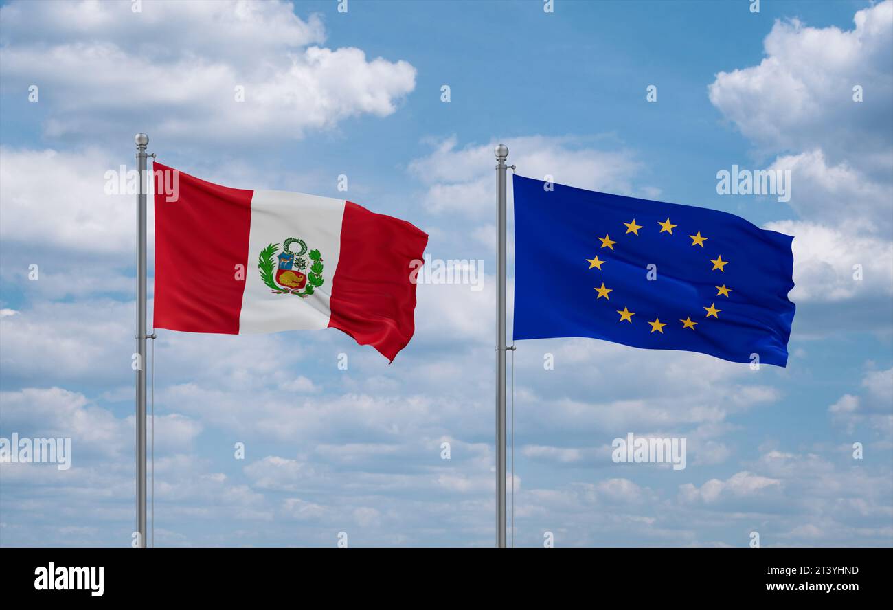 European Union and Peru flags waving together in the wind on blue ...