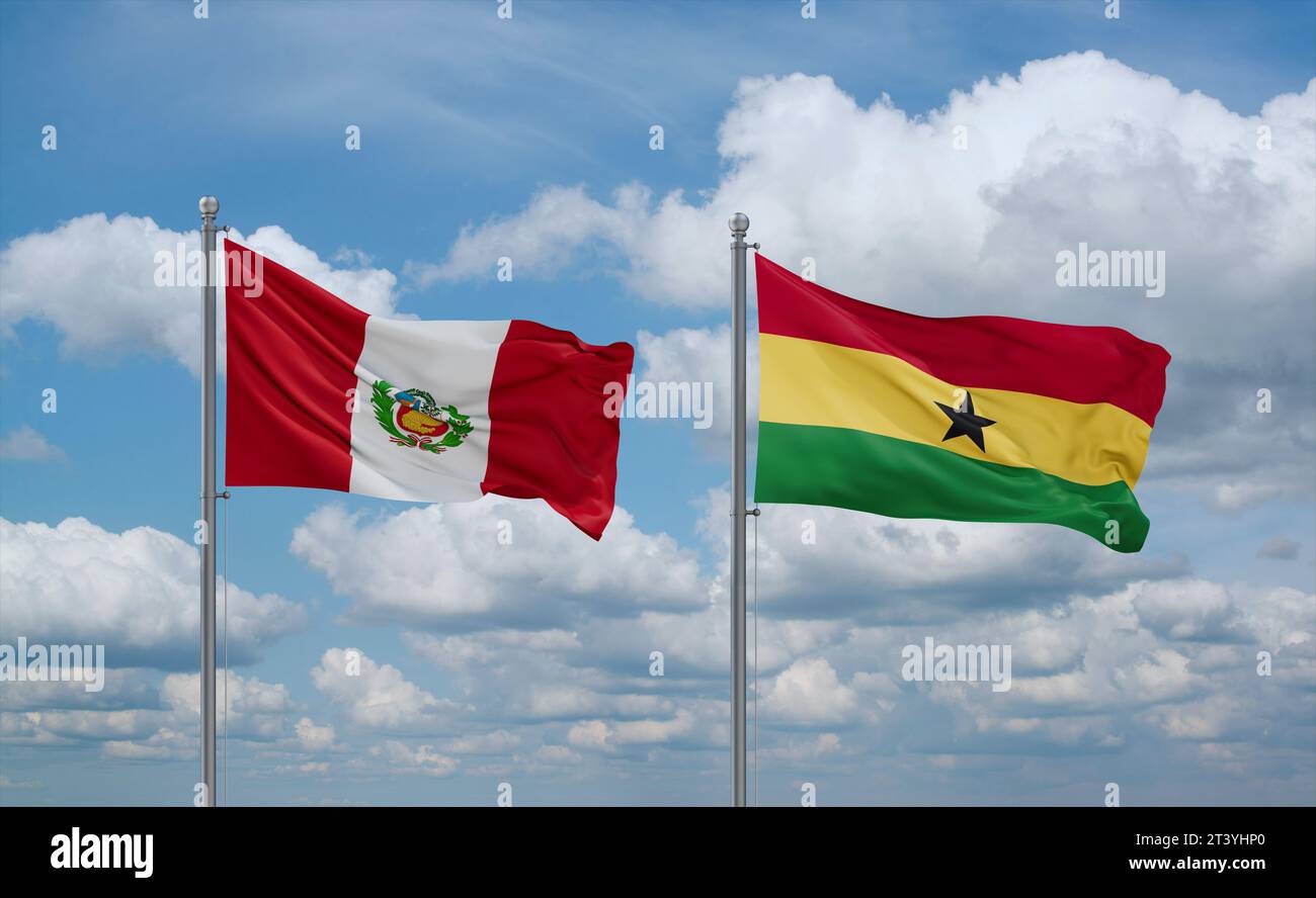 Ghana and Peru flags waving together on blue cloudy sky, two country ...