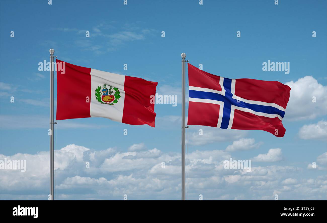 Norway and Peru flags waving together on blue cloudy sky, two country ...