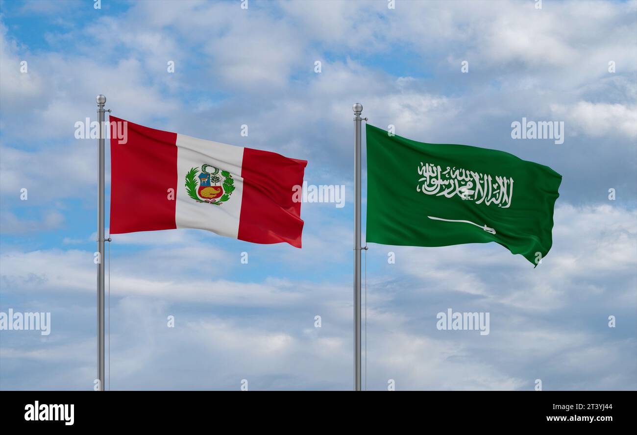 Peru and Saudi Arabia flags waving together in the wind on blue cloudy ...