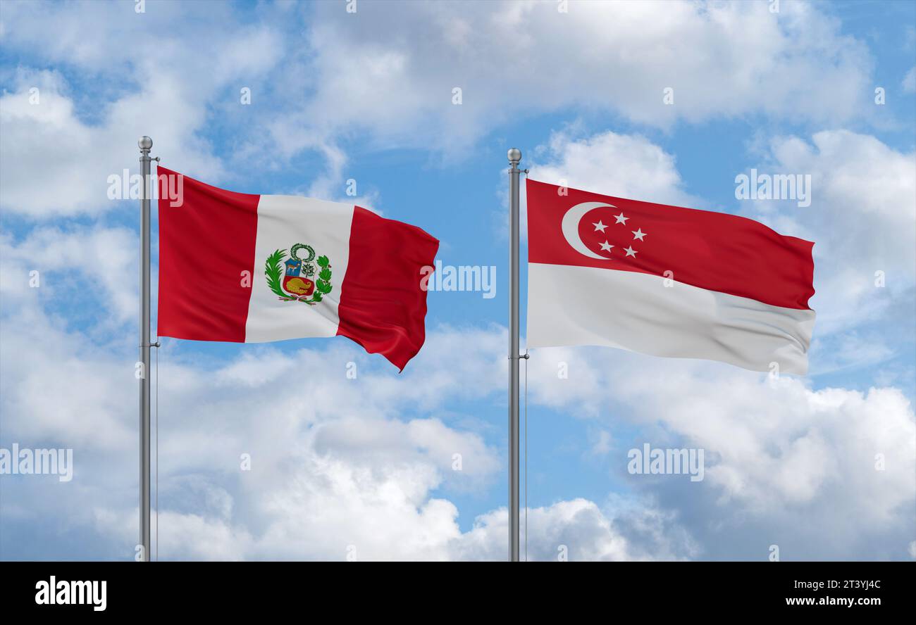 Republic of Singapore and Peru flags waving together in the wind on ...