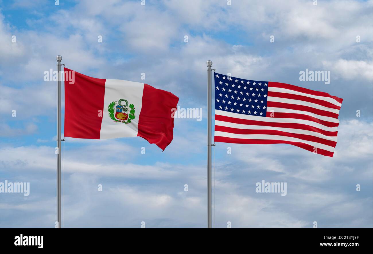 USA and Peru flags waving together in the wind on blue cloudy sky, two ...
