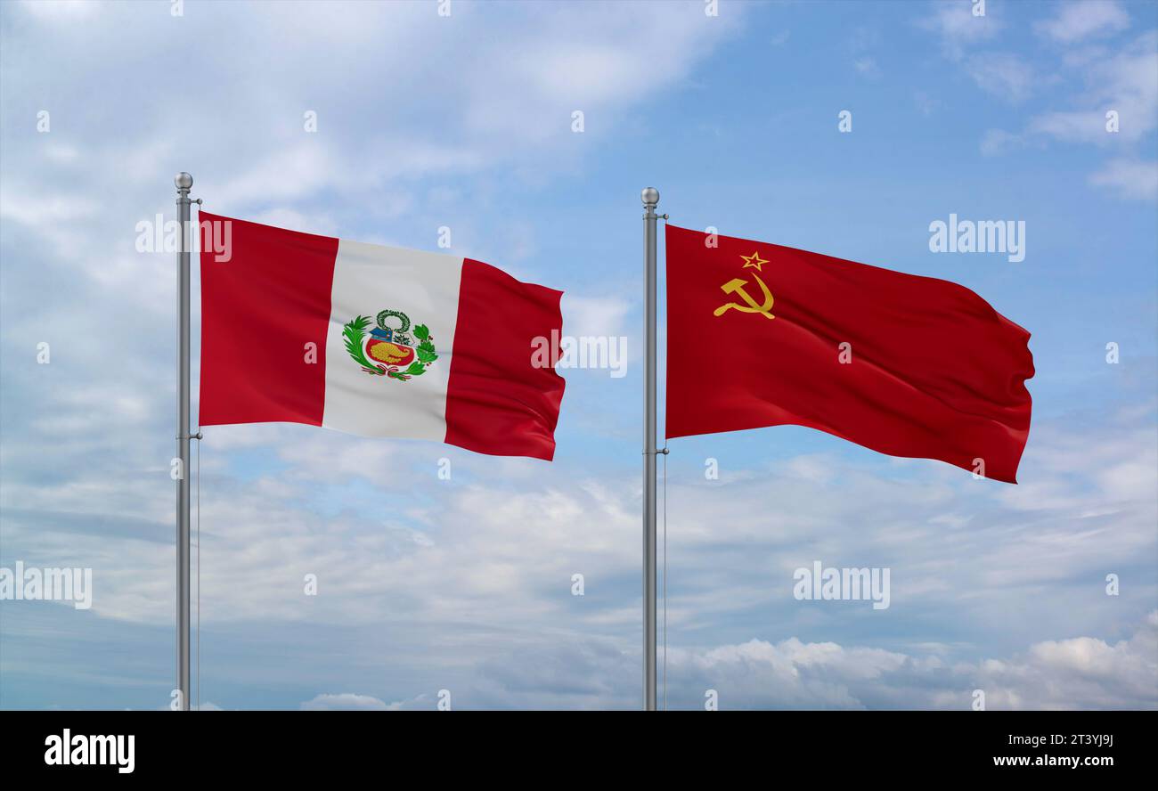 Soviet Union or USSR and Peru flags waving together in the wind on blue ...