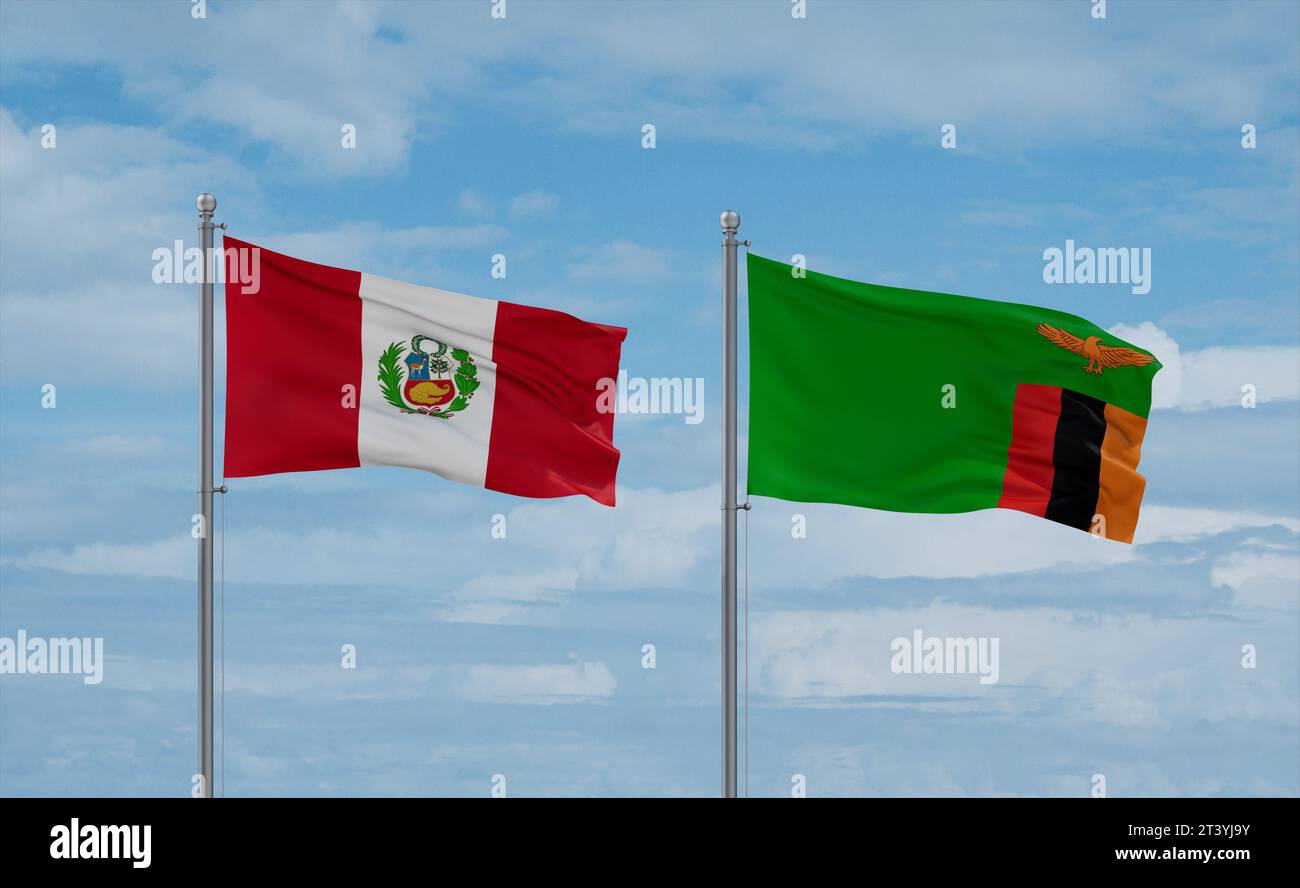 Zambia and Peru flags waving together in the wind on blue cloudy sky ...