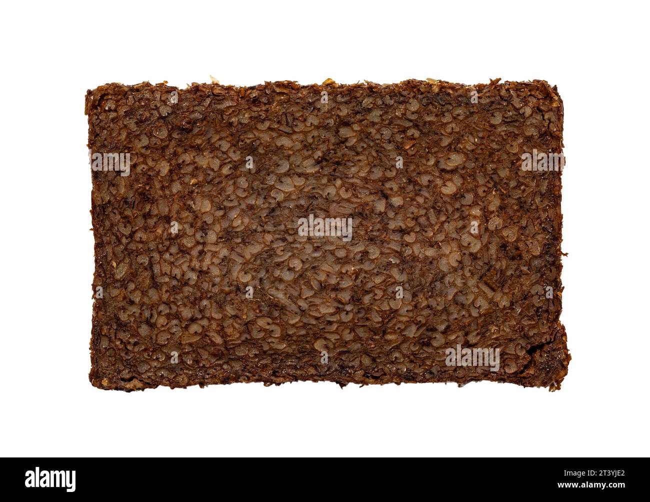 Dark brown slice of typical Dutch Roggebrood. Top view isolated on a ...