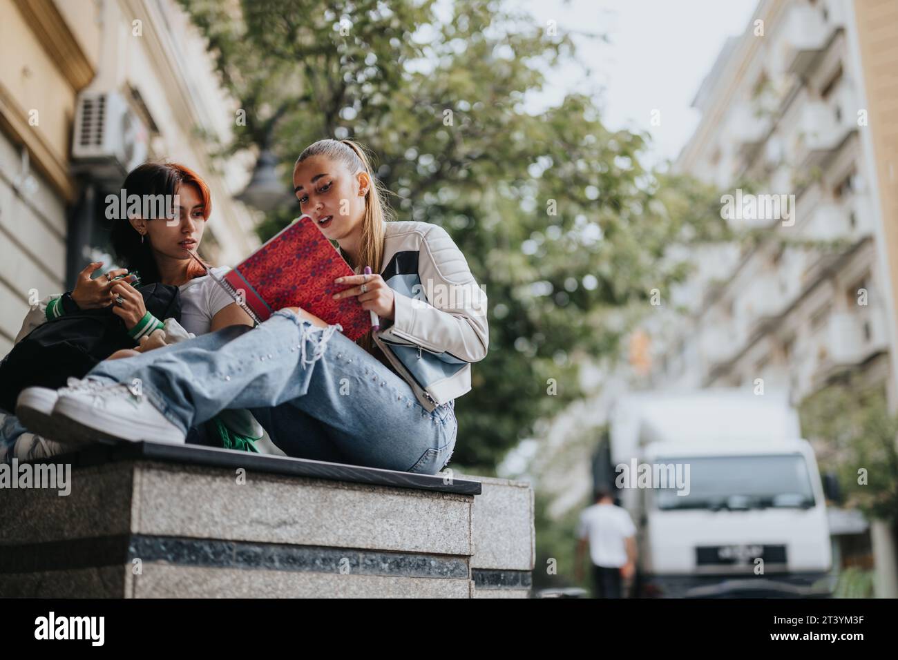 High School Girls Studying Together Outdoors, Sharing Knowledge and ...