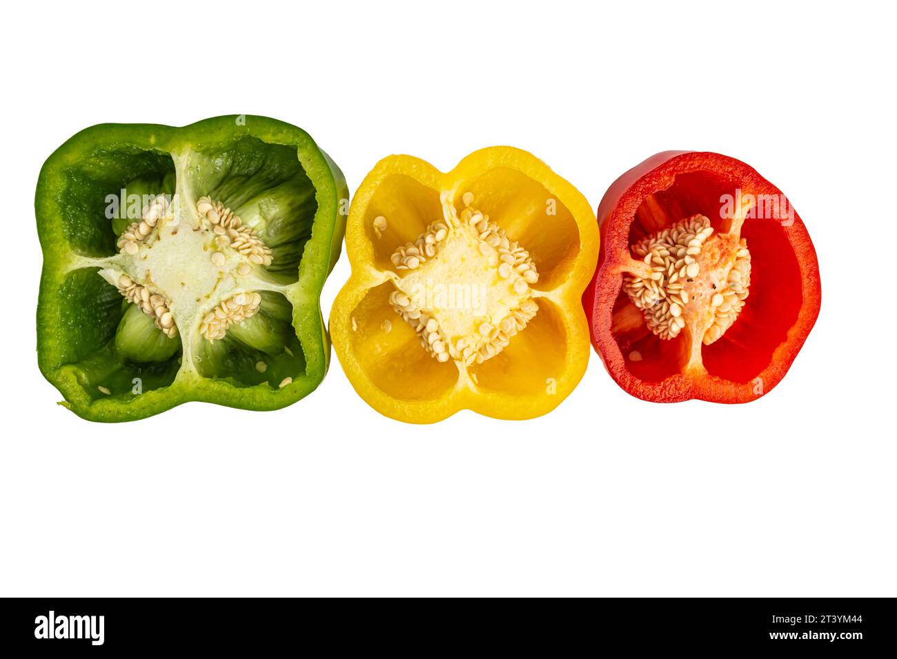 three halves of yellow green and red pepper on white background Stock ...