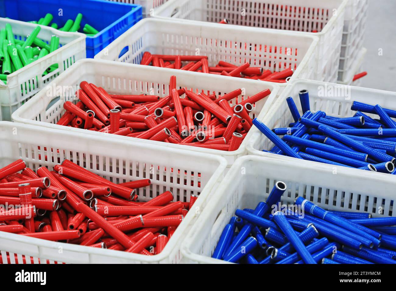 color reel threads in plastic crate, closeup of photo Stock Photo - Alamy