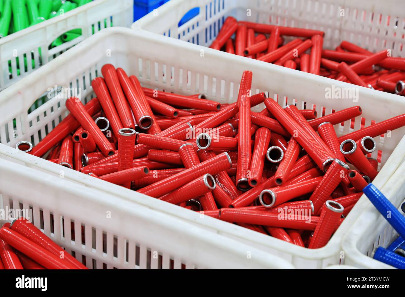 color reel threads in plastic crate, closeup of photo Stock Photo - Alamy